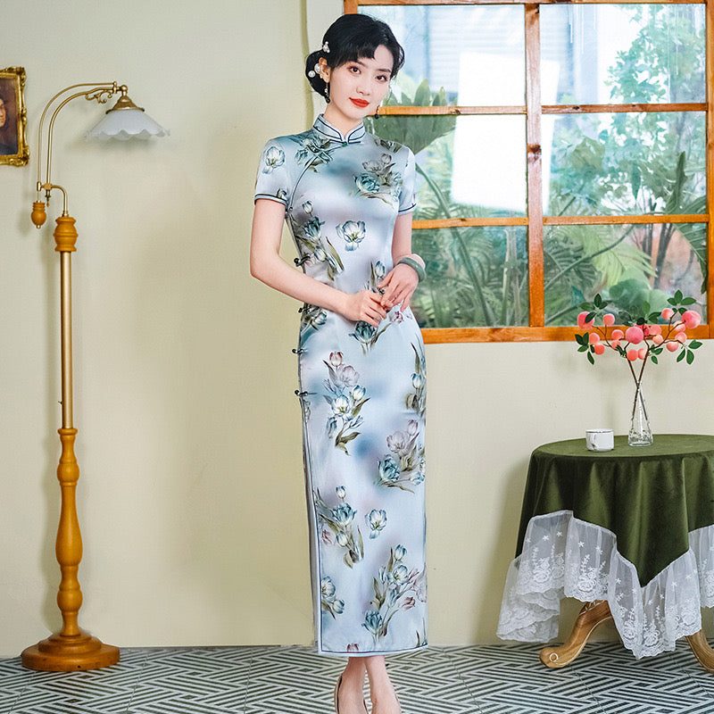 Modern Chinese Qipao dress, Mulberry Silk cheongsam, light blue color ...