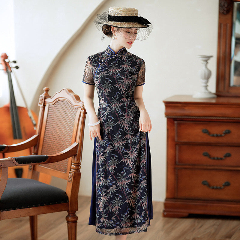Modern qipao, aodai qipao, leaf pattern, navy blue color – QipaoMood