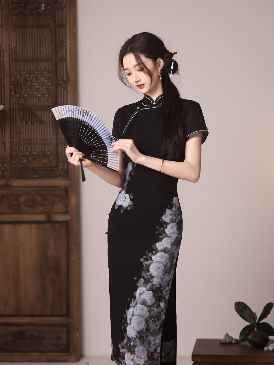 Modern qipao, Chinese Cheongsam, black color qipao, Evening Dress, flo ...
