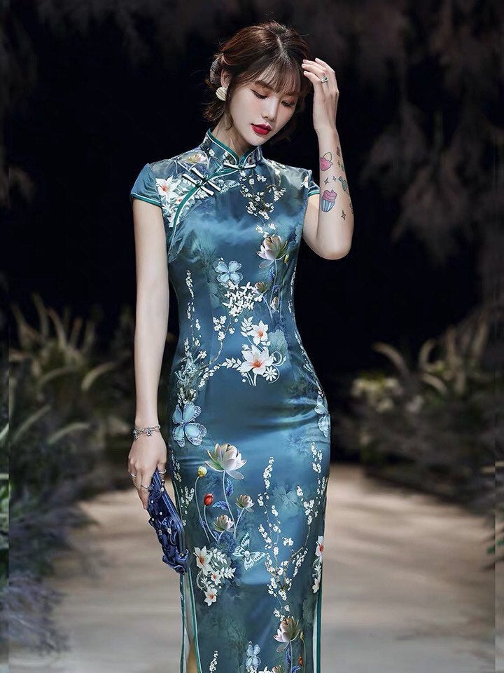 Modern Chinese Qipao, China Cheongsam, Long Qipao, Lake blue color, lo ...