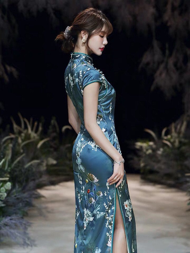 Modern Chinese Qipao, China Cheongsam, Long Qipao, Lake blue color, lo ...