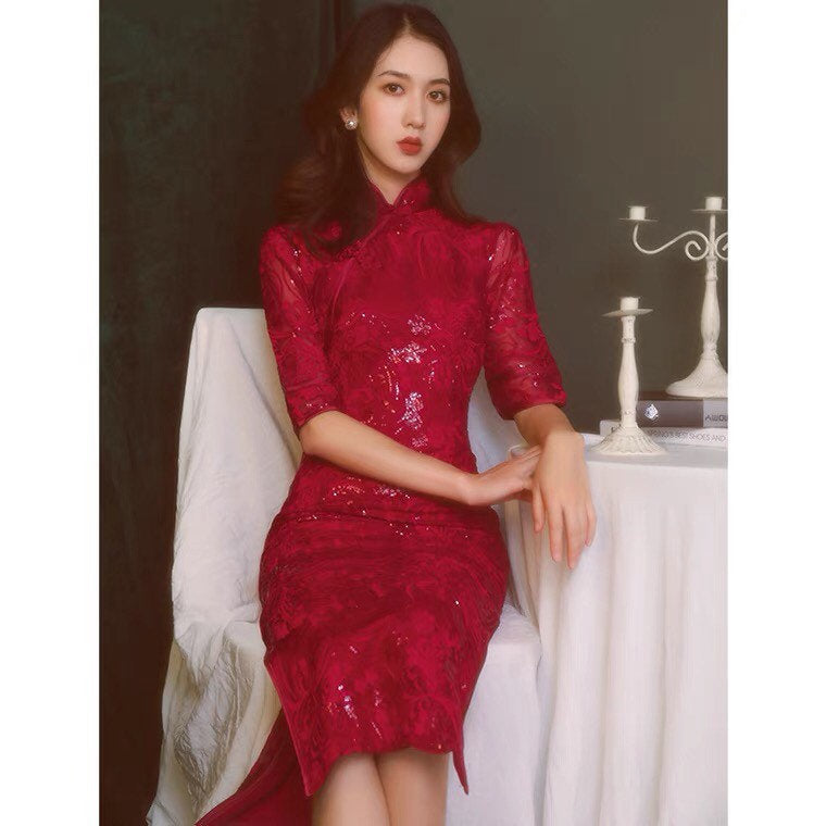 Chinese wedding dress, modern qipao, red Cheongsam, Bridal dress, tea ...