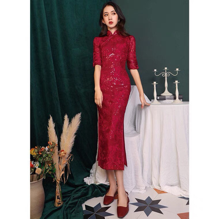 Chinese wedding dress, modern qipao, red Cheongsam, Bridal dress, tea ...