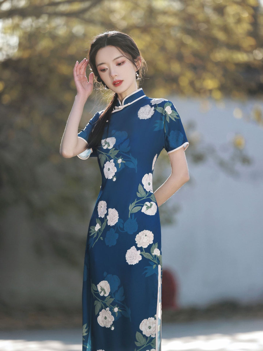 Modern Chinese Qipao, Chinese Qipao, Dark blue qipao, summer Dress, fl ...