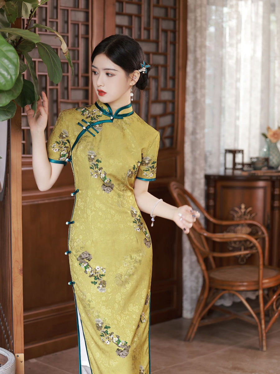 Modern Chinese qipao, avocado green Qipao, Evening Dress, floral qipao ...